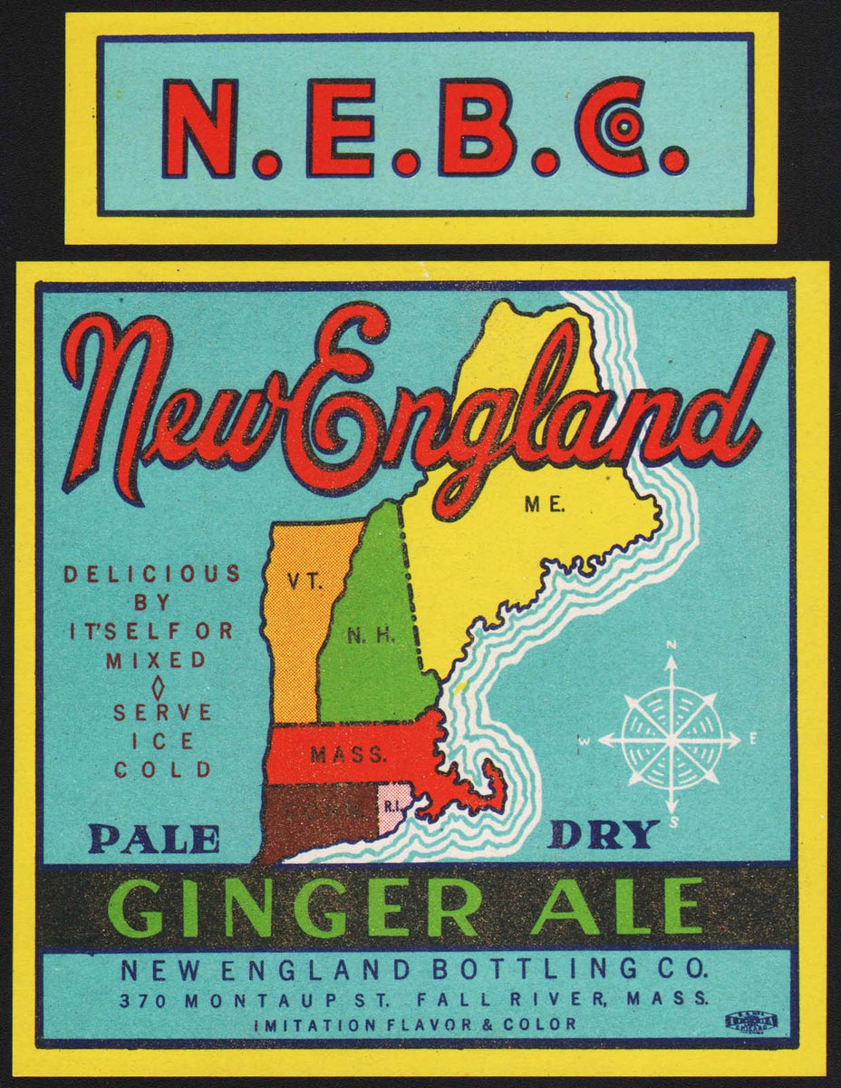 Vintage soda pop bottle label NEW ENGLAND GINGER ALE map picture Fall ...