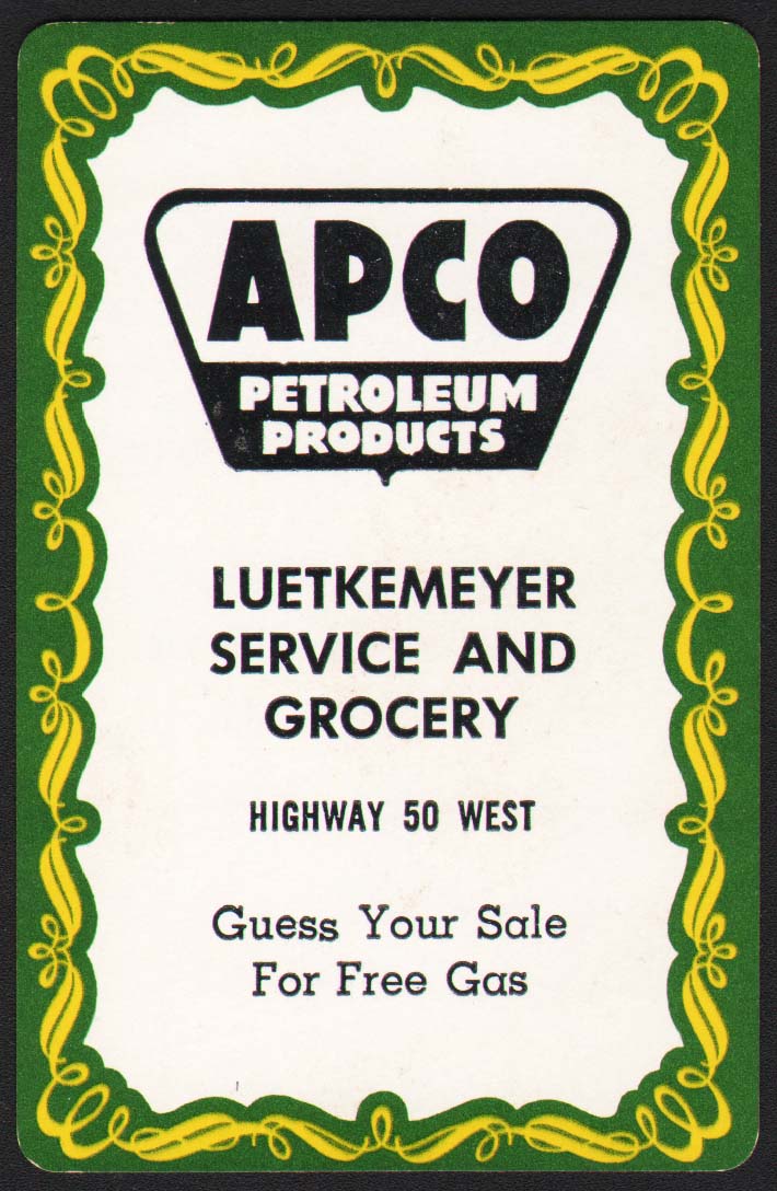 Vintage playing card APCO gas oil Luetkemeyer Service Grocery Highway ...