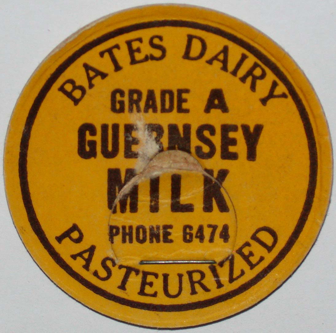 Vintage milk bottle cap BATES DAIRY Guernsey Milk Phone 6474 Burlingto ...