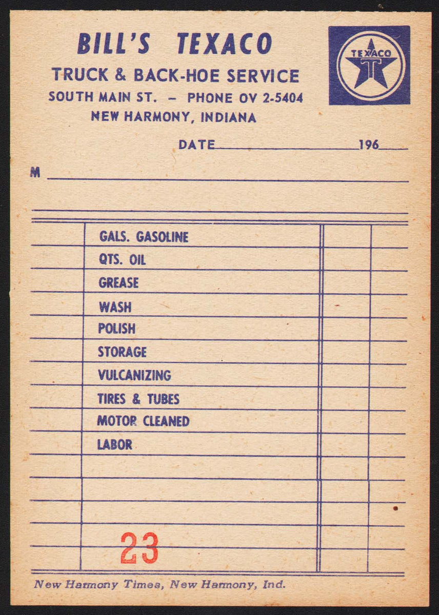 Vintage receipt BILLS TEXACO gas oil star logo 1960s New Harmony India ...