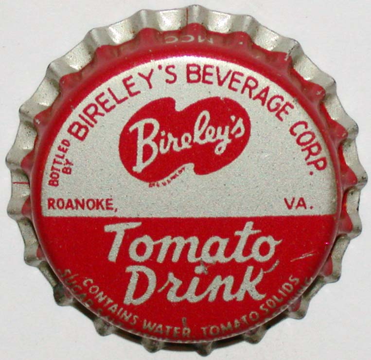 Vintage soda pop bottle cap BIRELEYS TOMATO DRINK Roanoke Virginia cor ...