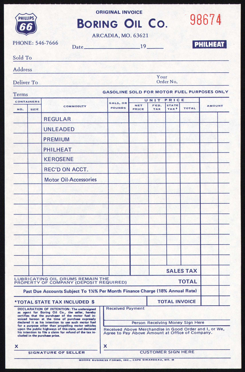 Vintage receipt BORING OIL Phillips 66 gas Arcadia Missouri unused n-m ...