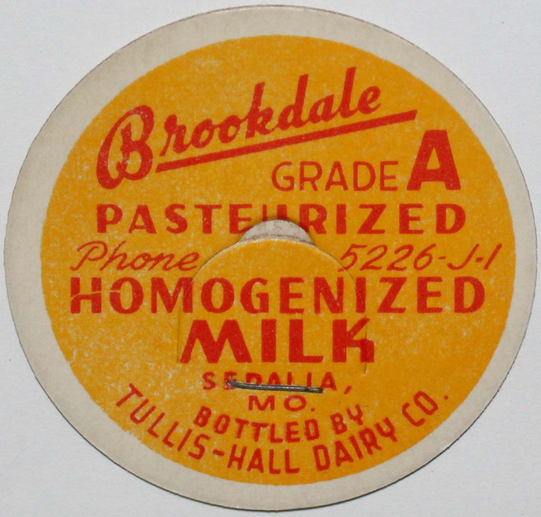 Vintage milk bottle cap BROOKDALE Homogenized Tullis Hall Dairy Sedali ...