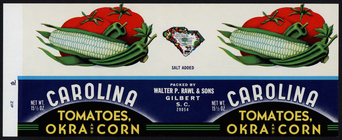 Vintage label CAROLINA Tomatoes Okra and Corn pictured Walter Rawl Gil ...
