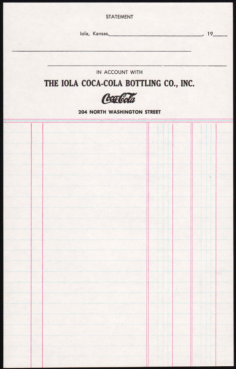 Vintage receipt COCA COLA BOTTLING CO Statement Iola Kansas new old st ...