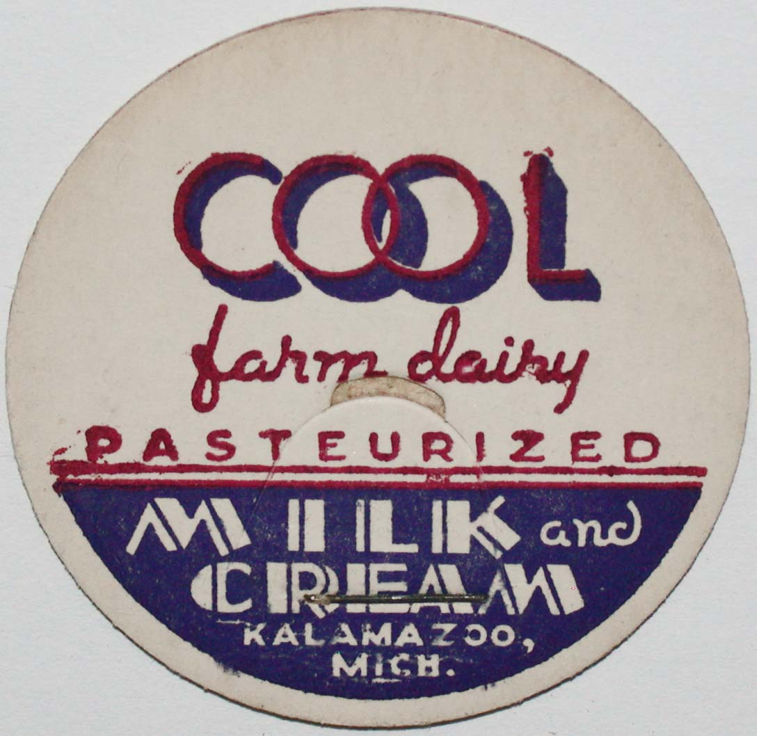 Vintage milk bottle cap COOL FARM DAIRY Milk and Cream Kalamazoo Michi ...