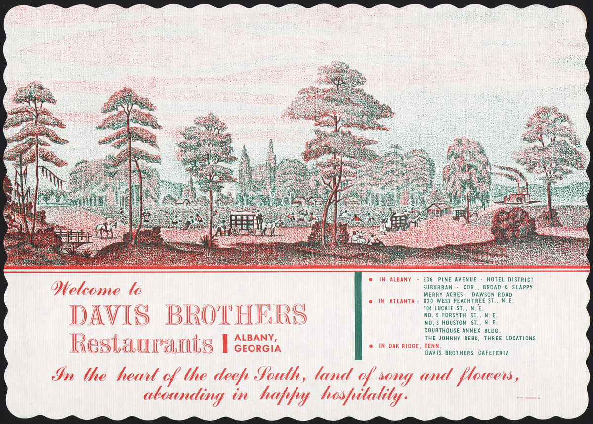 Vintage placemat DAVIS BROTHERS RESTAURANTS cotton field pictured Alba ...