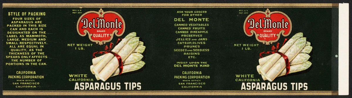 Vintage label DEL MONTE Asparagus Tips pictured California Packing San ...