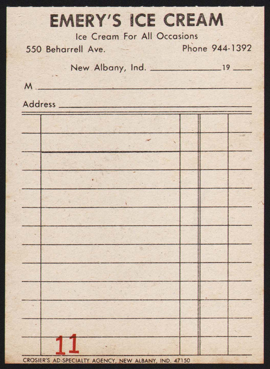 Vintage receipt EMERYS ICE CREAM New Albany Indiana unused new old sto ...