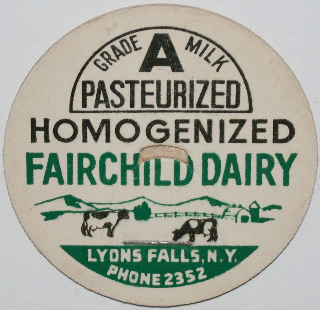 Vintage milk bottle cap FAIRCHILD DAIRY farm scene with cows Lyons Fal ...