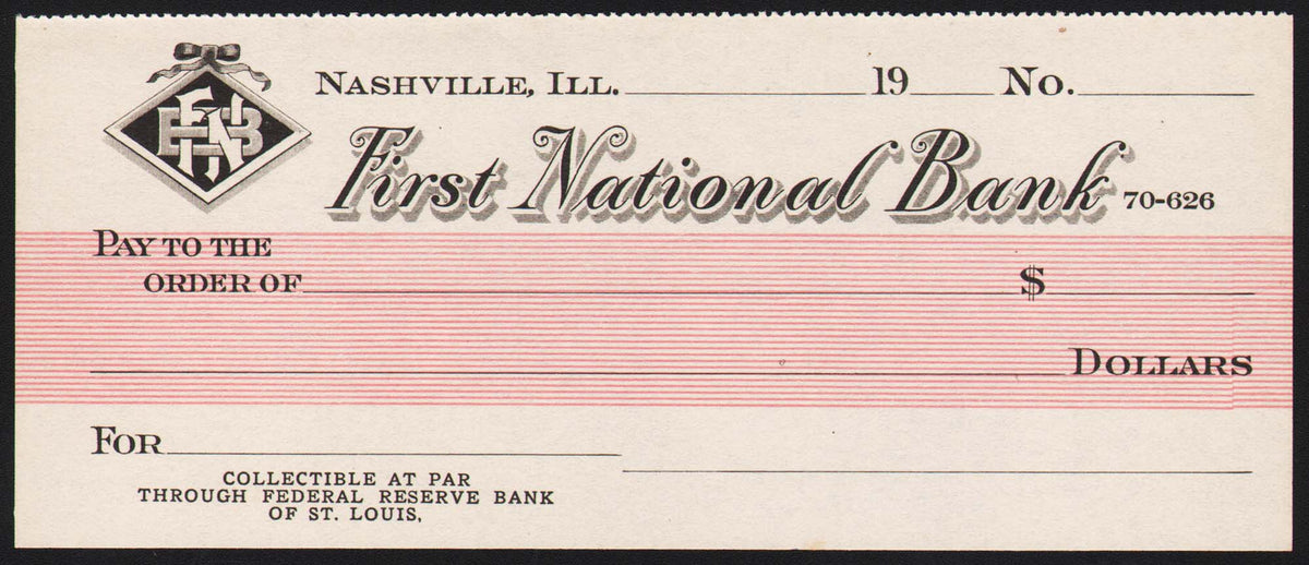 Vintage bank check FIRST NATIONAL BANK Nashville Illinois new old stoc ...