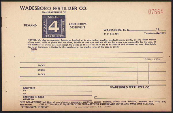 Vintage receipt FOUR SQUARE BRAND FERTILIZER Wadesboro North Carolina ...