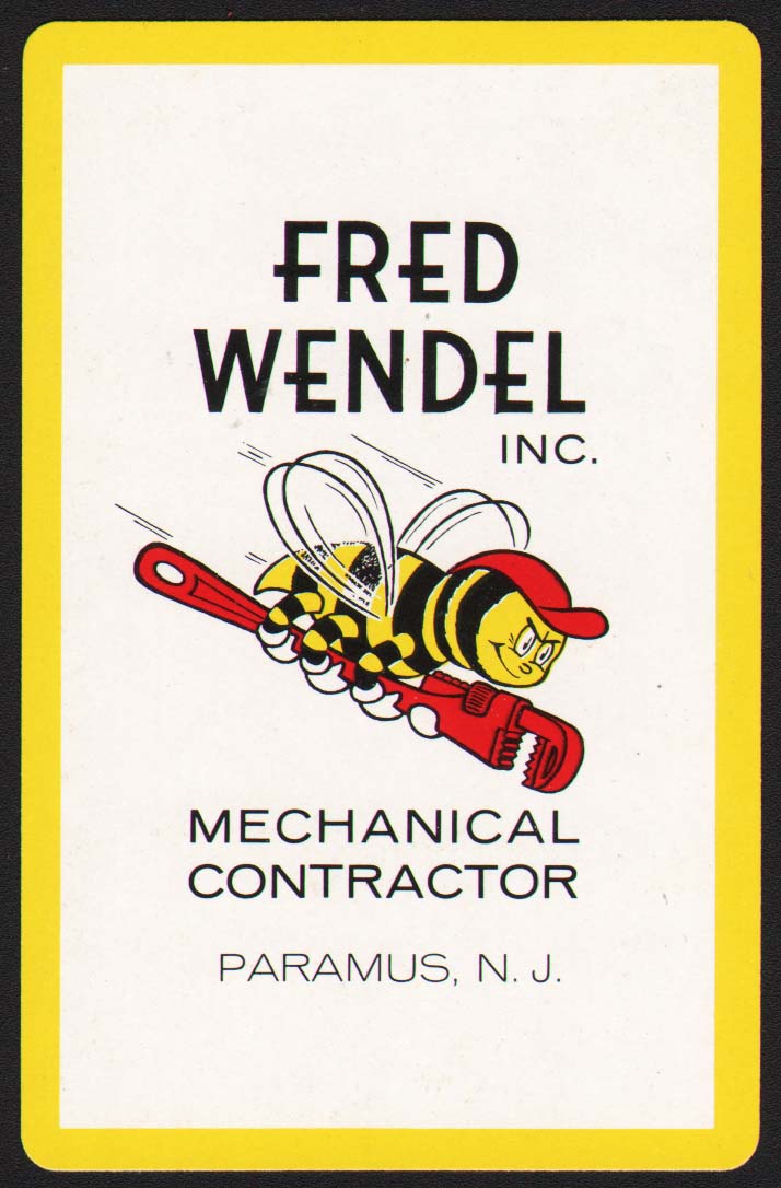 Vintage playing card FRED WENDEL bee on wrench yellow border Paramus N ...