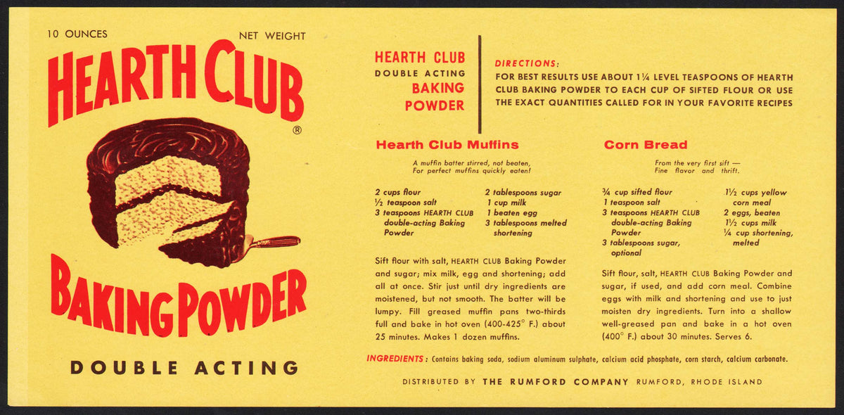 Vintage label HEARTH CLUB Baking Powder cake pictured Rumford Rhode Is ...