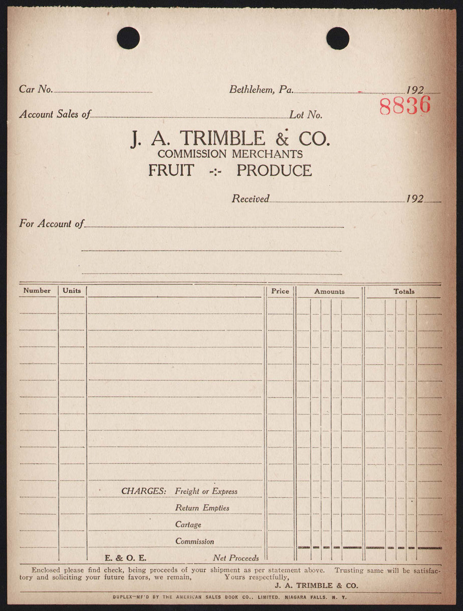 Vintage receipt J A TRIMBLE CO Fruit Produce 1920s Bethelem Pennsylvan ...