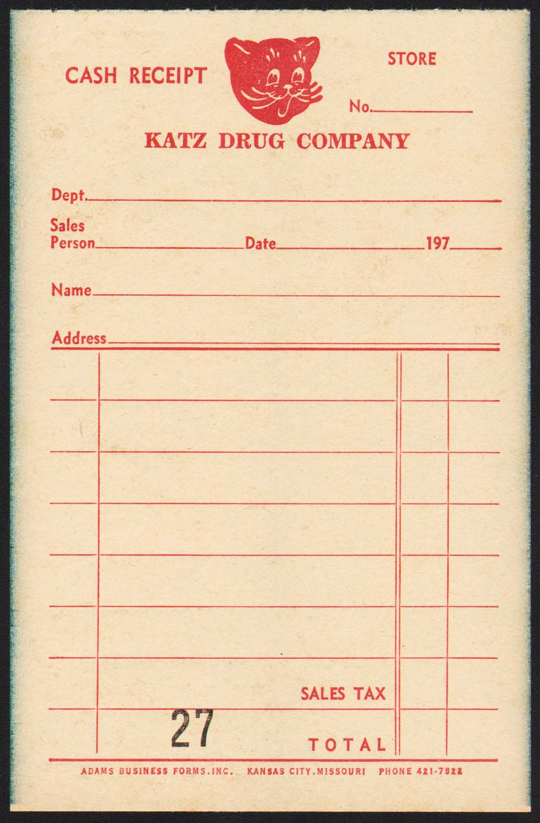 Vintage receipt KATZ DRUG COMPANY cat pictured Cash Receipt new old st ...