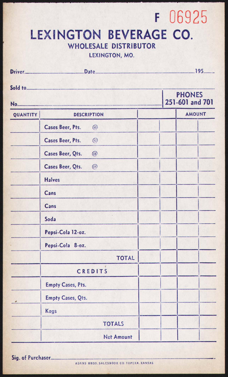 Vintage receipt LEXINGTON BEVERAGE CO Pepsi Cola 1950s Missouri unused ...