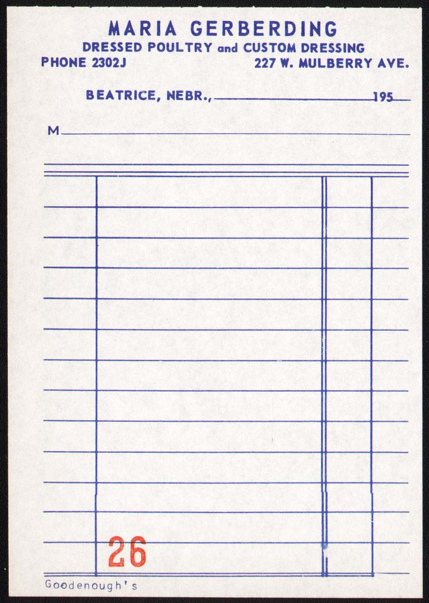 Vintage receipt MARIA GERBERDING Dressed Poultry Beatrice Nebraska 195 ...