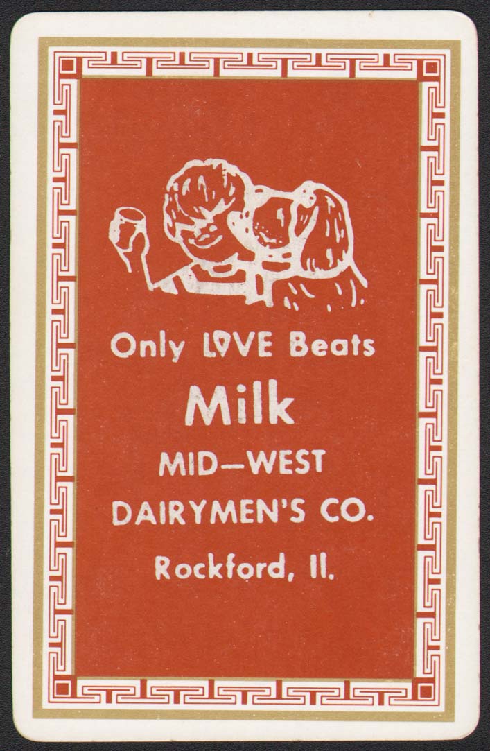 Vintage playing card MID-WEST DAIRYMENS CO boy and dog pictured Rockfo ...