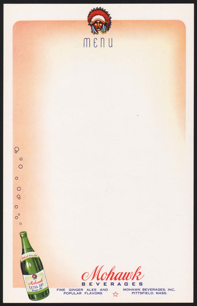 Vintage menu MOHAWK BEVERAGES bottle and indian pictured Pittsfield Ma ...