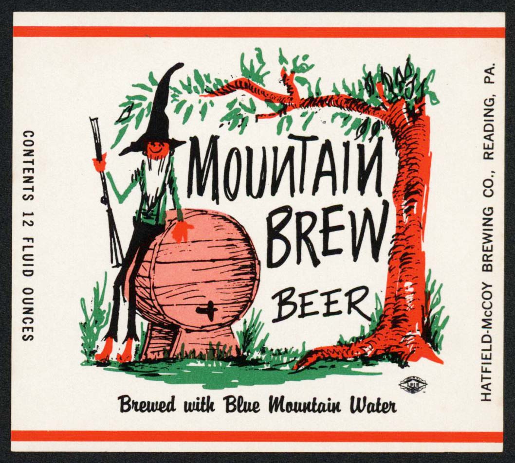 Vintage label MOUNTAIN BREW BEER hillbilly pictured Hatfield McCoy Co ...