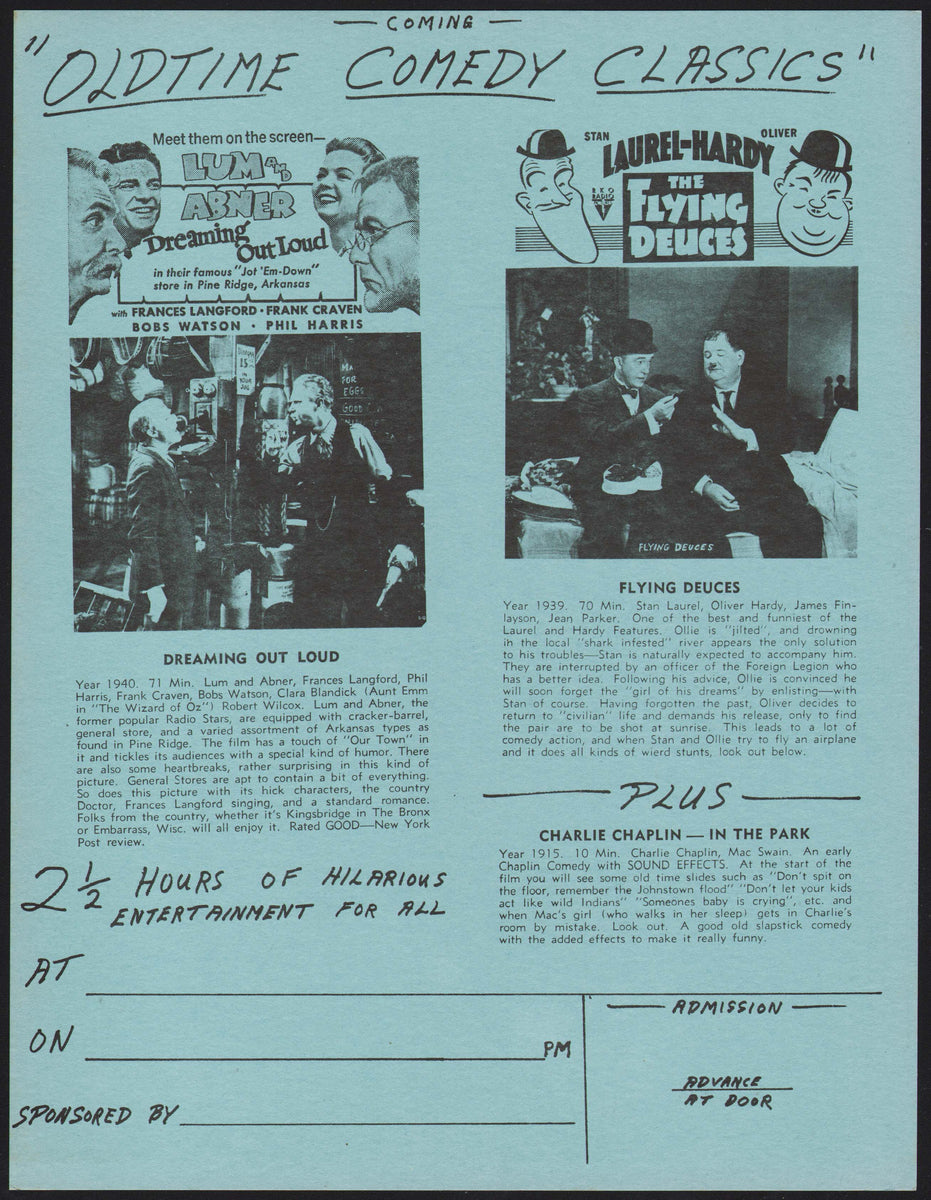 Vintage flyer OLDTIME COMEDY CLASSICS blue Lum Abner Laurel Hardy and ...