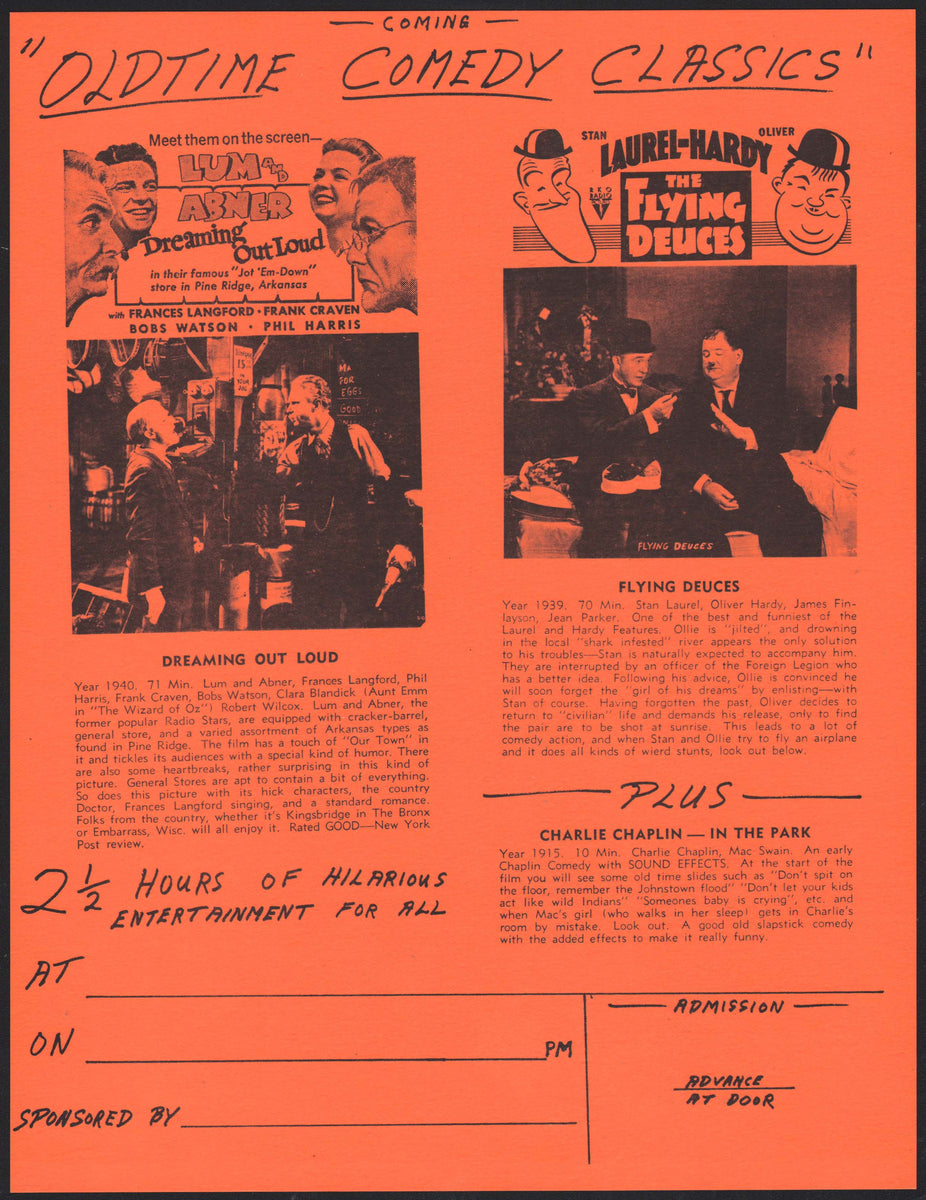 Vintage flyer OLDTIME COMEDY CLASSICS orange Lum Abner Laurel Hardy an ...