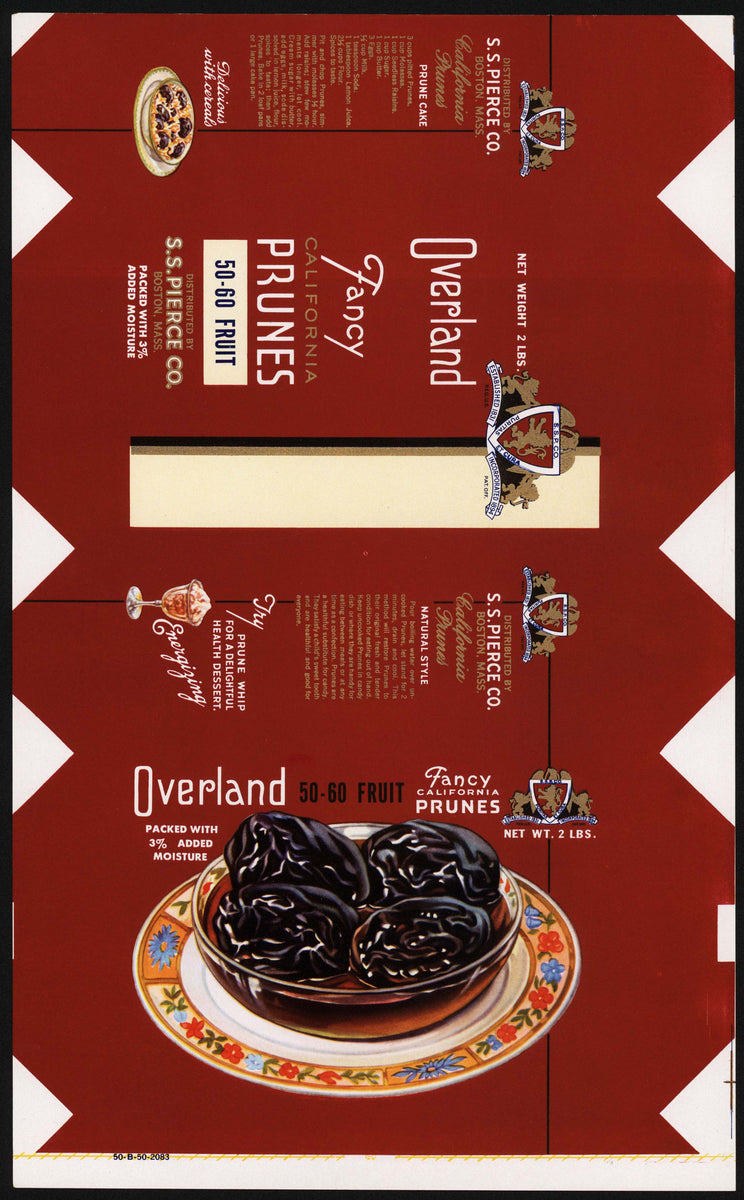 Vintage box wrapper OVERLAND PRUNES pictured S S Pierce Boston Mass un ...