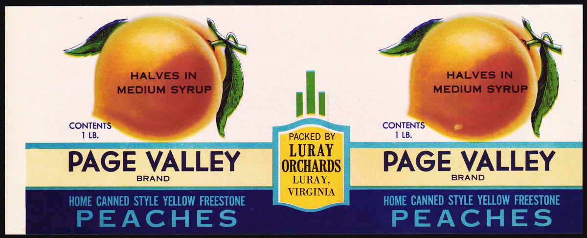 Vintage label PAGE VALLEY Peaches pictured Luray Orchards Virginia unu ...