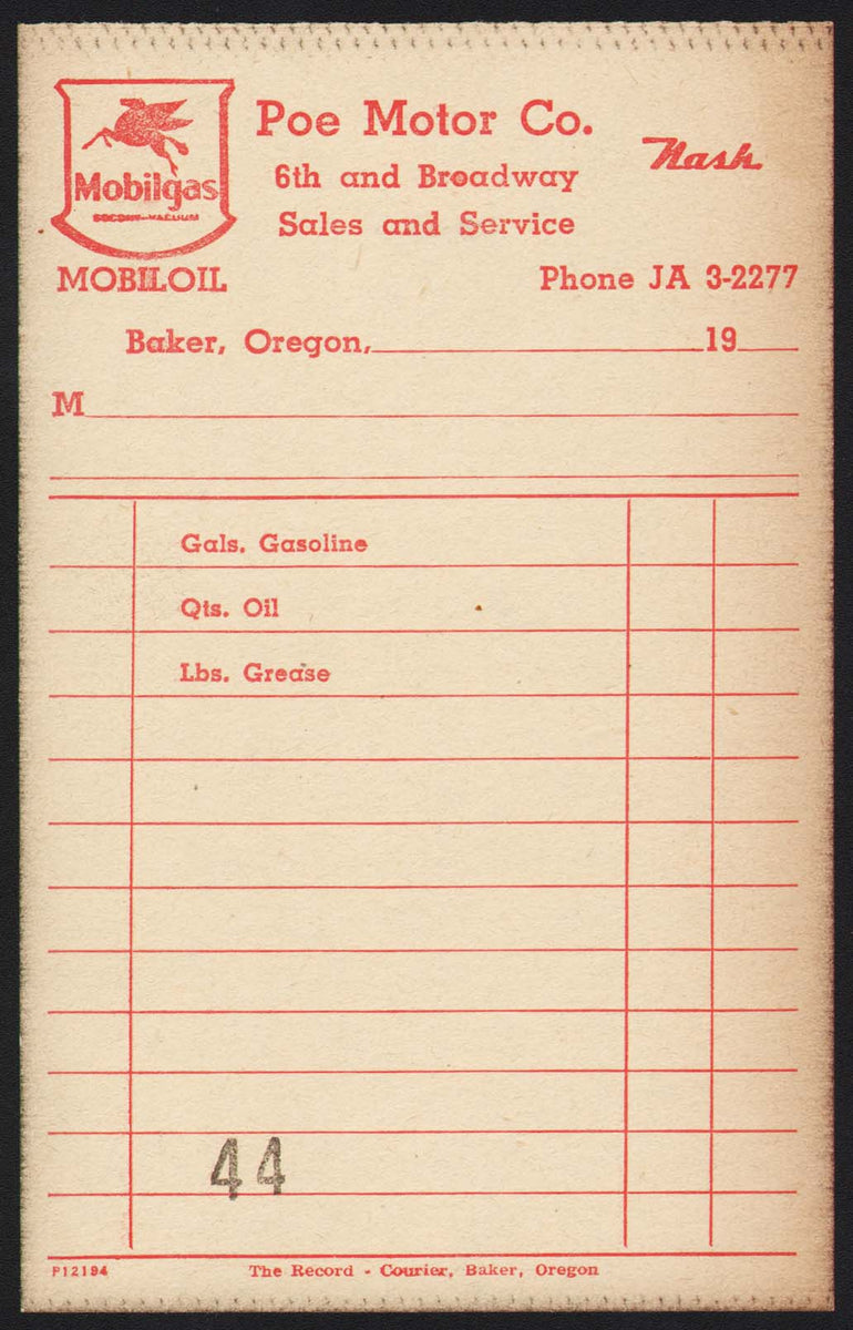 Vintage receipt POE MOTOR CO Nash Mobil gas oil flying red horse Baker ...