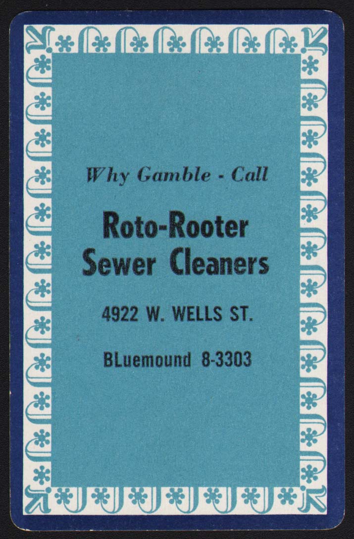 Vintage playing card ROTO-ROOTER SEWER CLEANERS blue Bluemound Milwauk ...