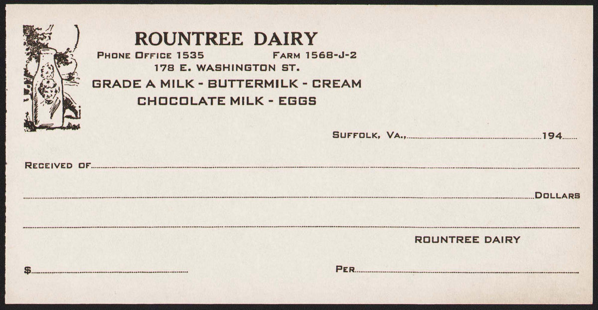 Vintage receipt ROUNTREE DAIRY milk bottle with girl and baby Suffolk ...