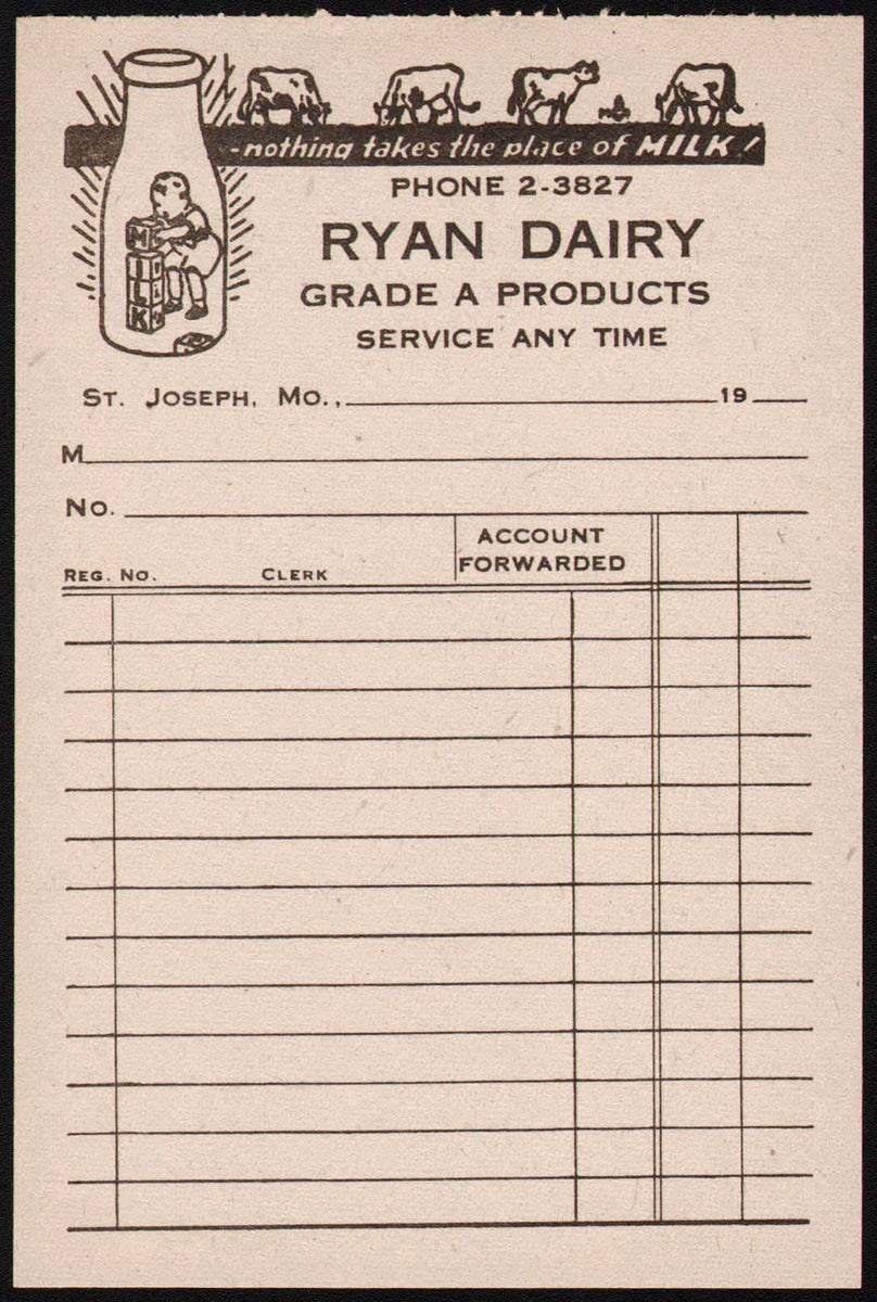 Vintage receipt RYAN DAIRY milk bottle and cows St Joseph Missouri unu ...