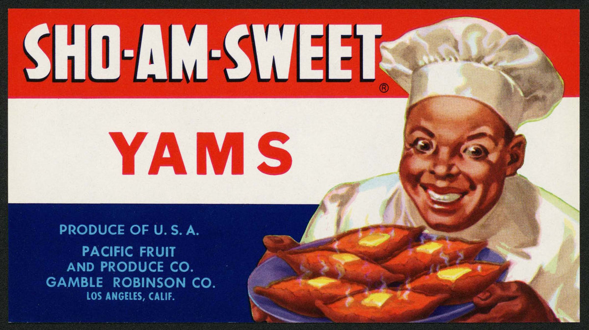 Vintage label SHO-AM-SWEET Yams black chef Gamble Robinson Los Angeles ...