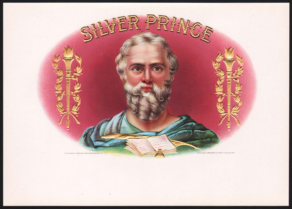 Vintage label SILVER PRINCE cigar box inner man pictured embossed unus ...