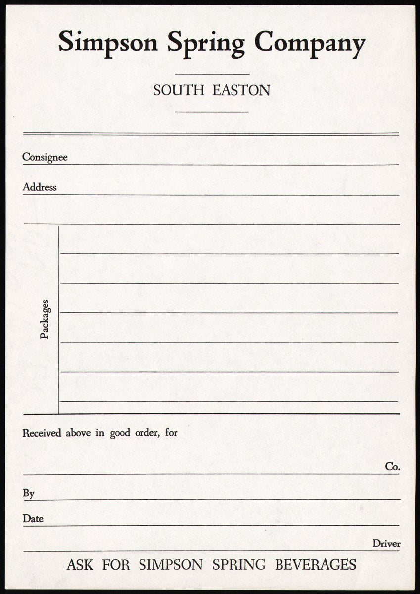 Vintage receipt SIMPSON SPRING COMPANY soda pop South Easton Mass unus ...