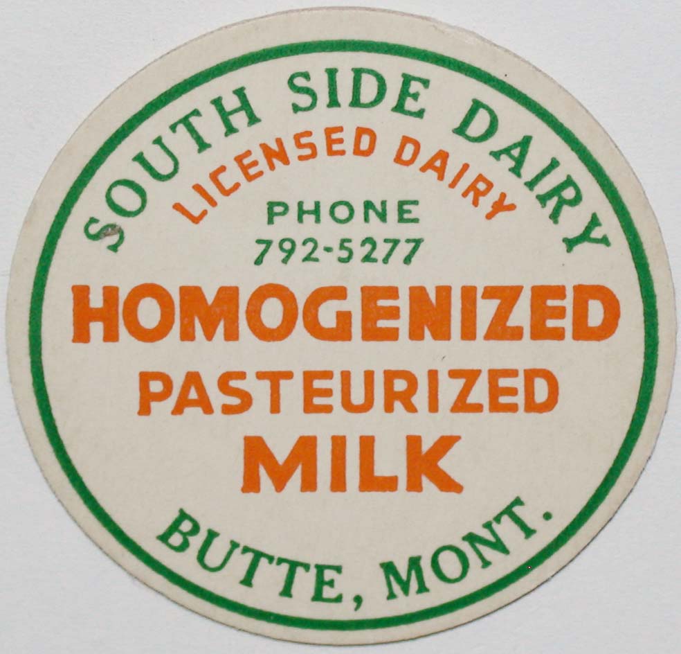 Vintage milk bottle cap SOUTH SIDE DAIRY Homogenized Butte Montana new ...