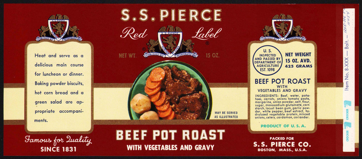 Vintage label S S PIERCE Beef Pot Roast pictured Boston Massachusetts ...