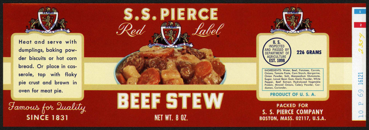 Vintage label S S PIERCE Beef Stew pictured Boston Massachusetts unuse ...