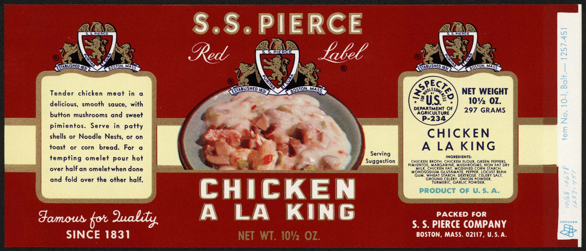Vintage label S S PIERCE Chicken A La King pictured Boston Massachuset ...