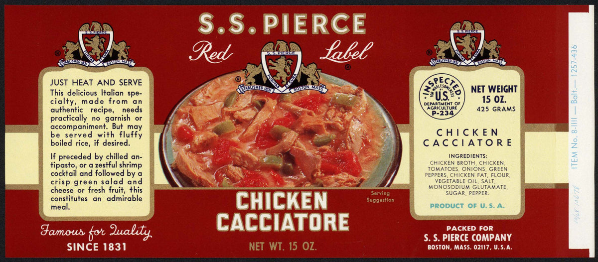 Vintage label S S PIERCE Chicken Cacciatore pictured Boston Massachuse ...