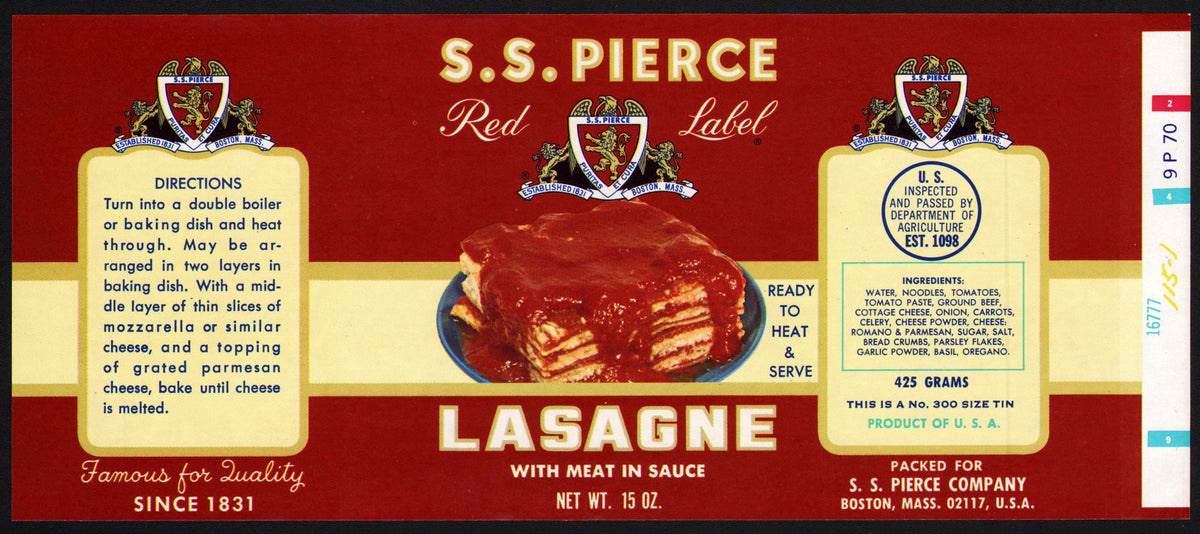 Vintage label S S PIERCE Lasagne pictured Boston Massachusetts unused ...