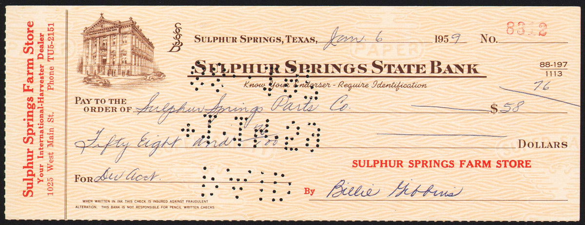 Vintage bank check SULPHUR SPRINGS STATE BANK pictured dated 1959 Texa ...