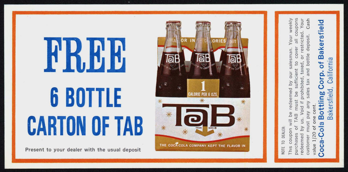 Vintage coupon TAB Free 6 bottle carton picture Coca Cola Bakersfield ...