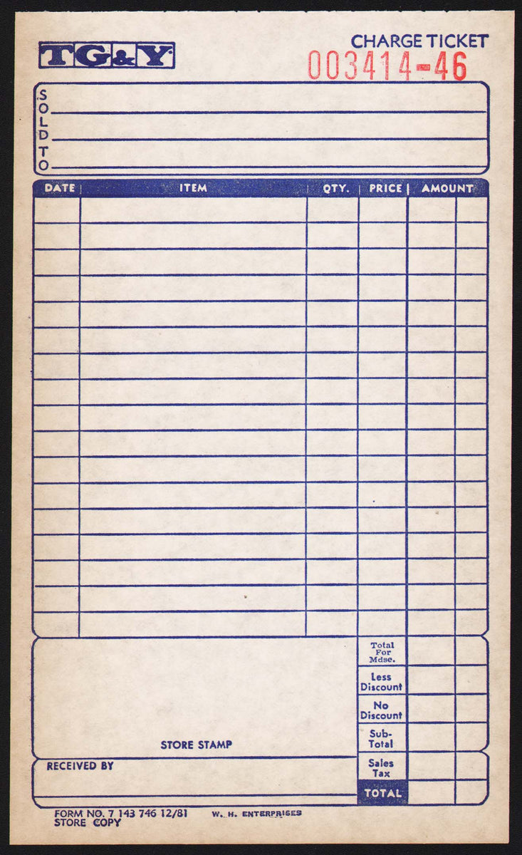 Vintage receipt TG & Y Charge Ticket in unused new old stock n-mint co ...