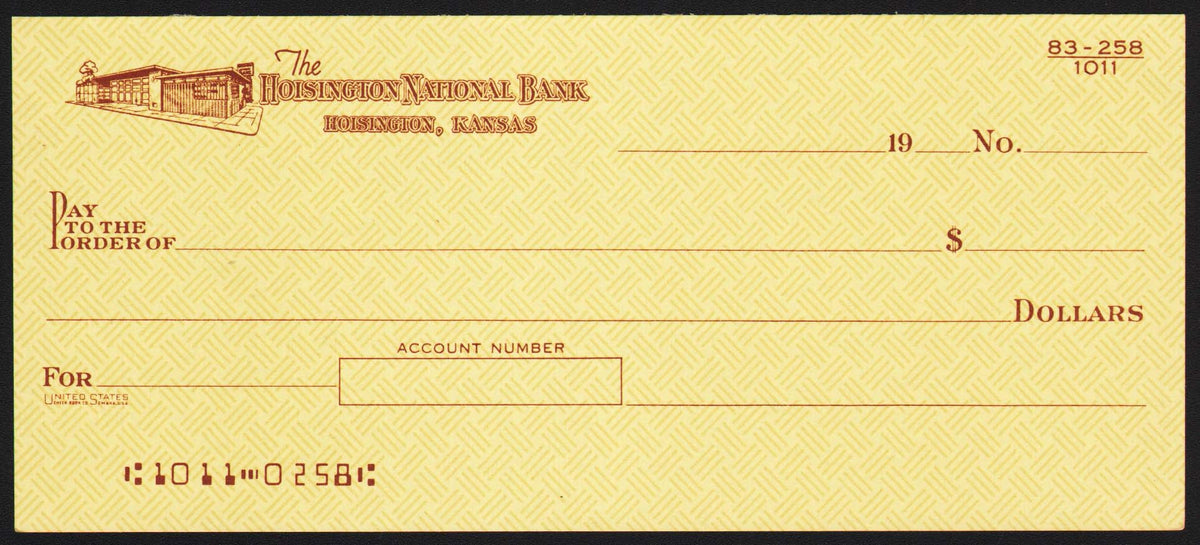 Vintage bank check THE HOISINGTON NATIONAL BANK building pictured Kans ...