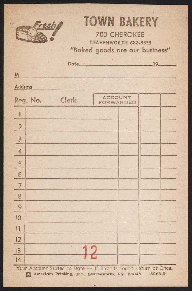 Vintage receipt TOWN BAKERY bread loaf pictured Leavenworth Kansas unu ...