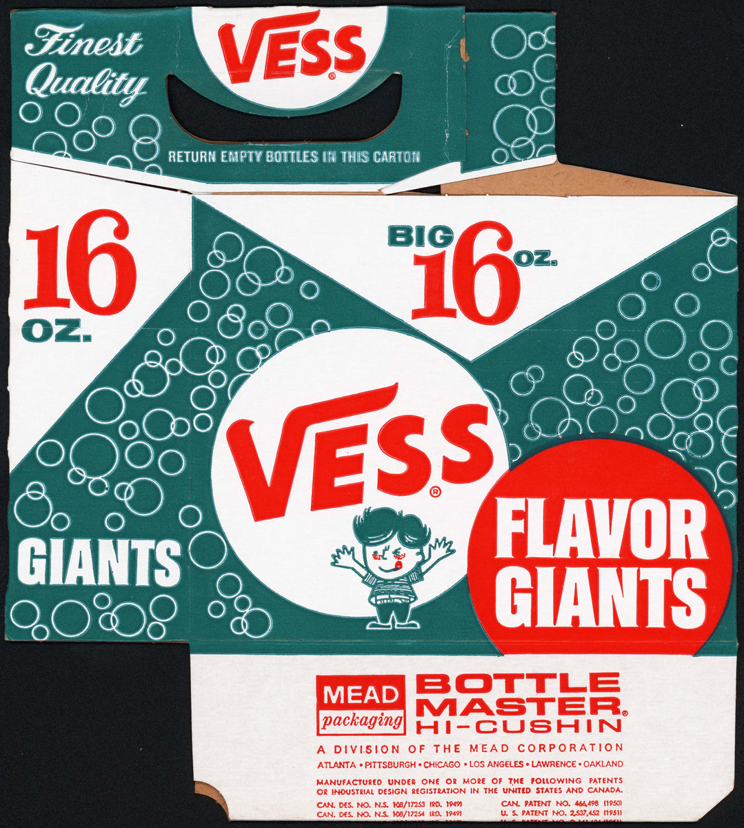Vintage soda pop bottle carton VESS FLAVOR GIANTS boy pictured new old ...