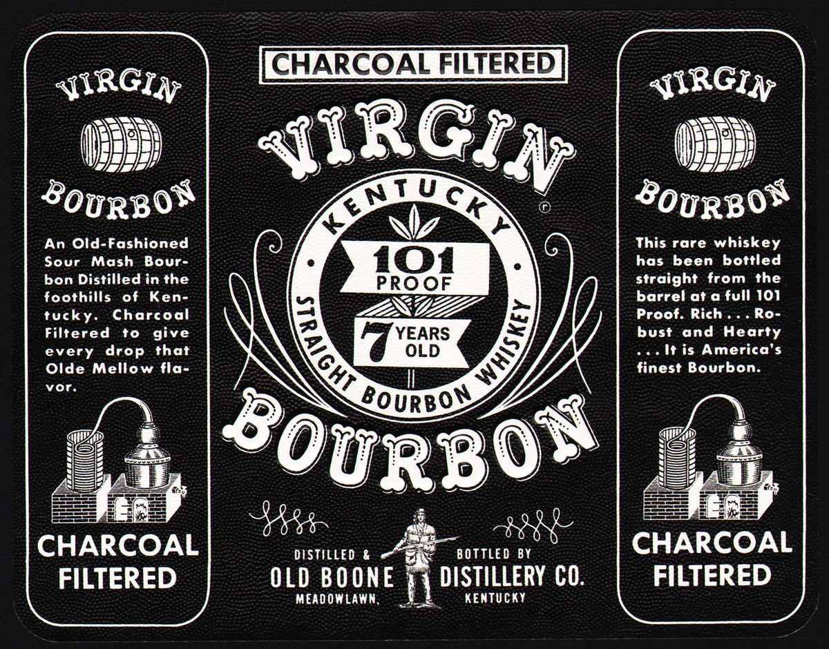 Vintage label VIRGIN BOURBON Old Boone Distillery Meadowlawn Kentucky ...