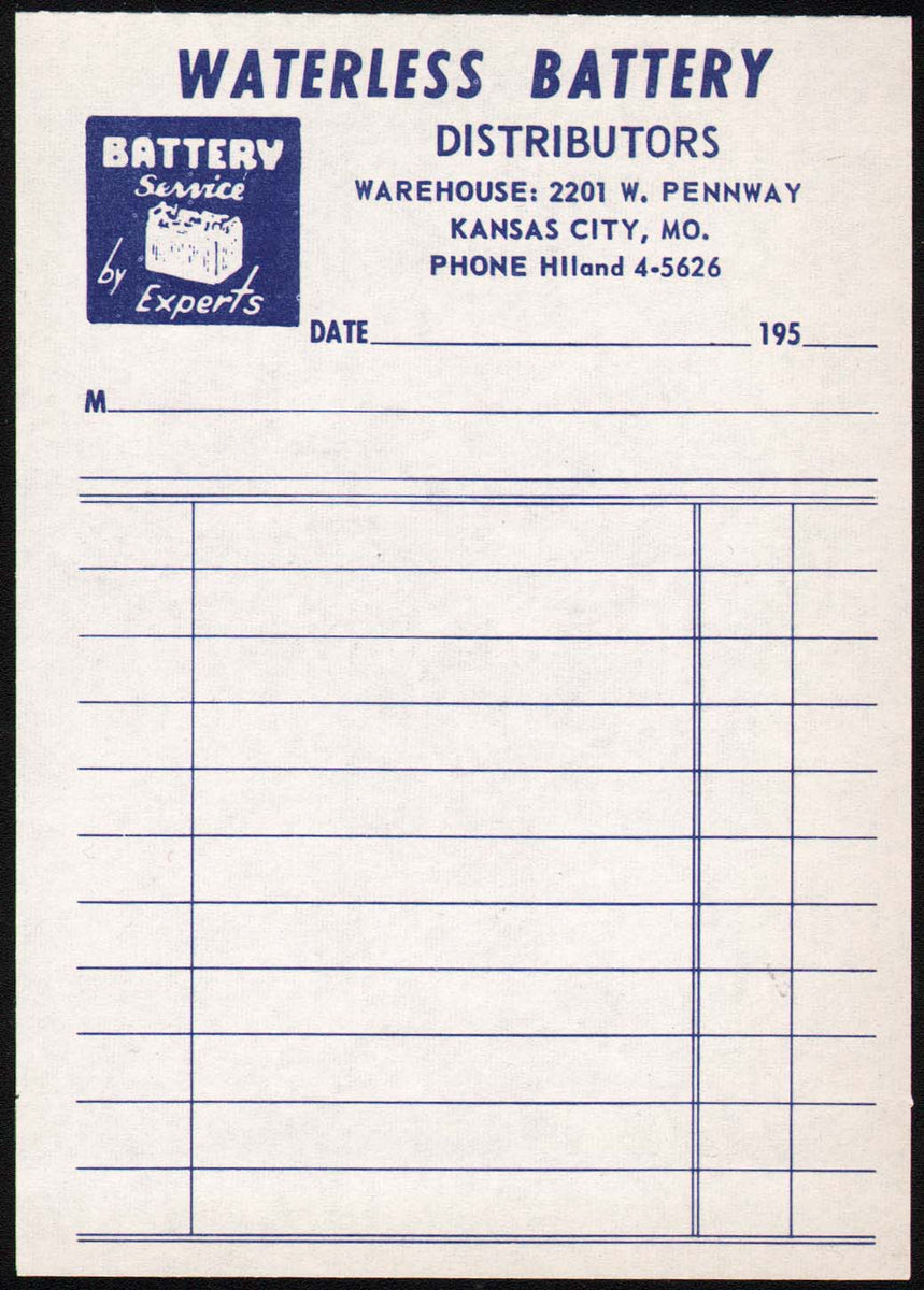 Vintage receipt WATERLESS BATTERY DISTRIBUTORS 1950s Kansas City Misso ...